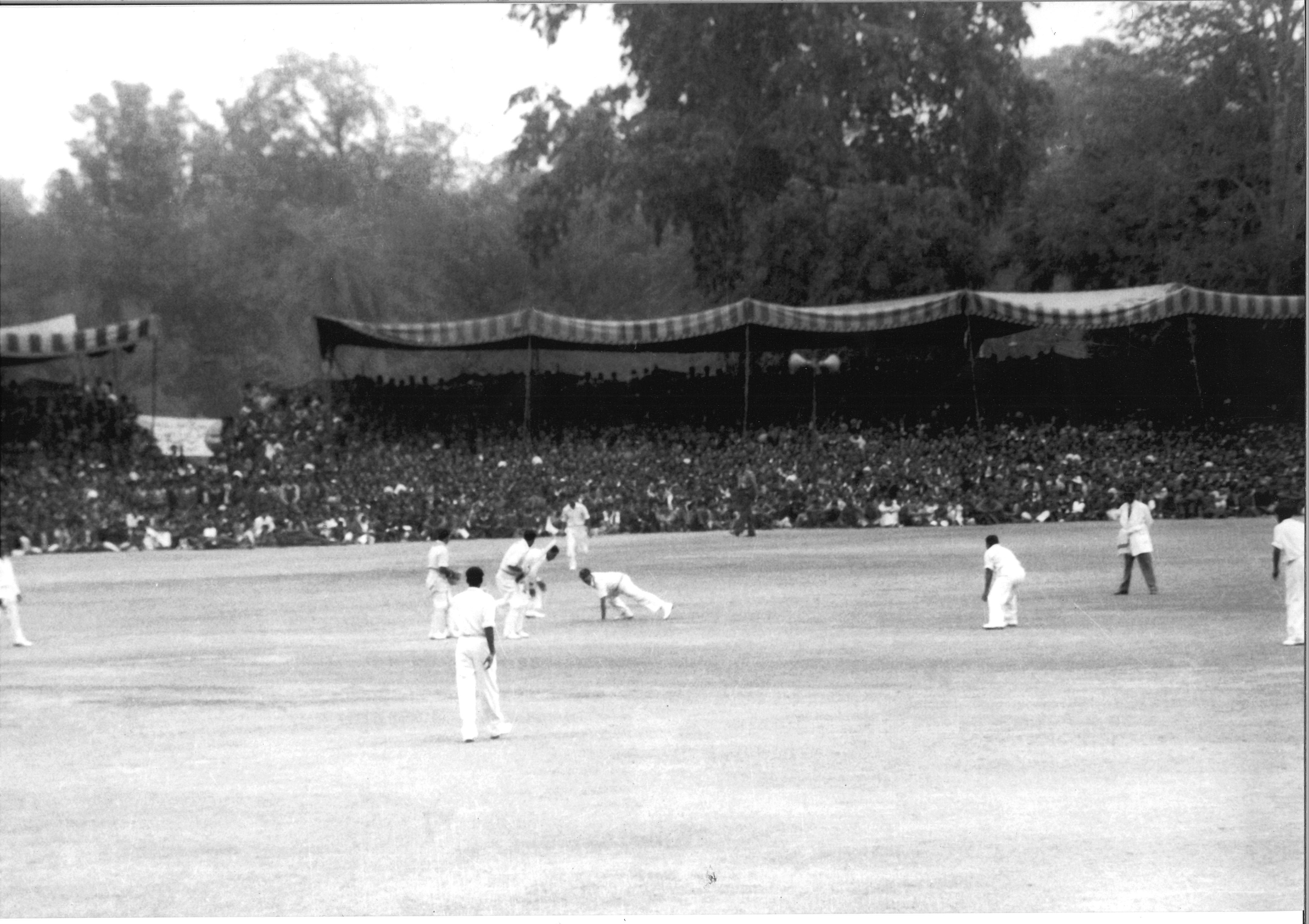 A cricket match in progress, New Zealand vs Pakistan, Lahore, 1955